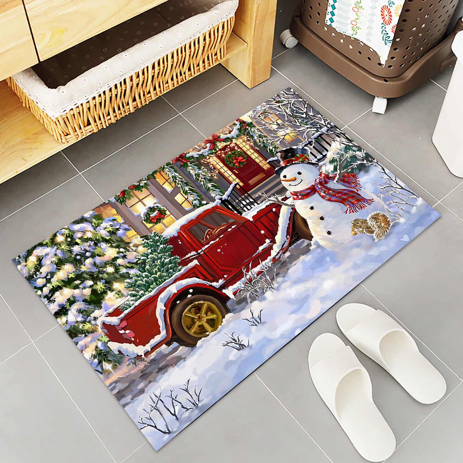 Merry Christmas Kitchen Rugs Sets 2 Piece Floor Mats Xmas Tree Farm Red Truck Snowman Durable Doormat Non-Slip Rubber Backing Area Rugs Washable Carpet Inside Door Mat Pad Sets-16"x 24"+16"x47"