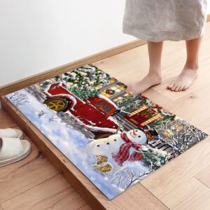 Merry Christmas Kitchen Rugs Sets 2 Piece Floor Mats Xmas Tree Farm Red Truck Snowman Durable Doormat Non-Slip Rubber Backing Area Rugs Washable Carpet Inside Door Mat Pad Sets-16"x 24"+16"x47"