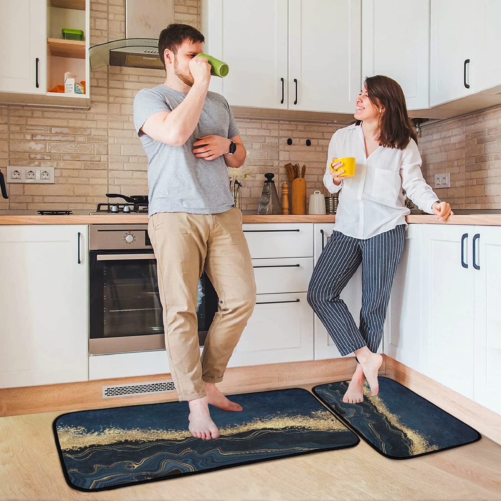 Kitchen Mats Rugs 2 Piece Set Bath Mat Antifatigue Cushioned Gold Black Marble for Floor Non Slip Washable (color6)