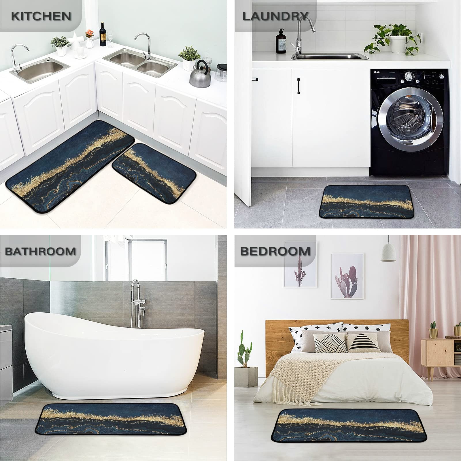 Kitchen Mats Rugs 2 Piece Set Bath Mat Antifatigue Cushioned Gold Black Marble for Floor Non Slip Washable (color6)