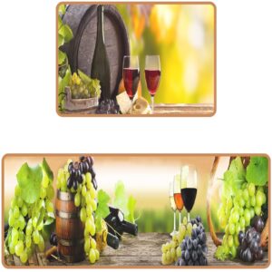 kitchen rug set , grape fruit wine glass 2 piece non-slip kitchen floor mat rubber back rustic wooden board, water absorption soft indoor bathroom doormat runner rug carpet set (17.7"x28"+17.7"x47")