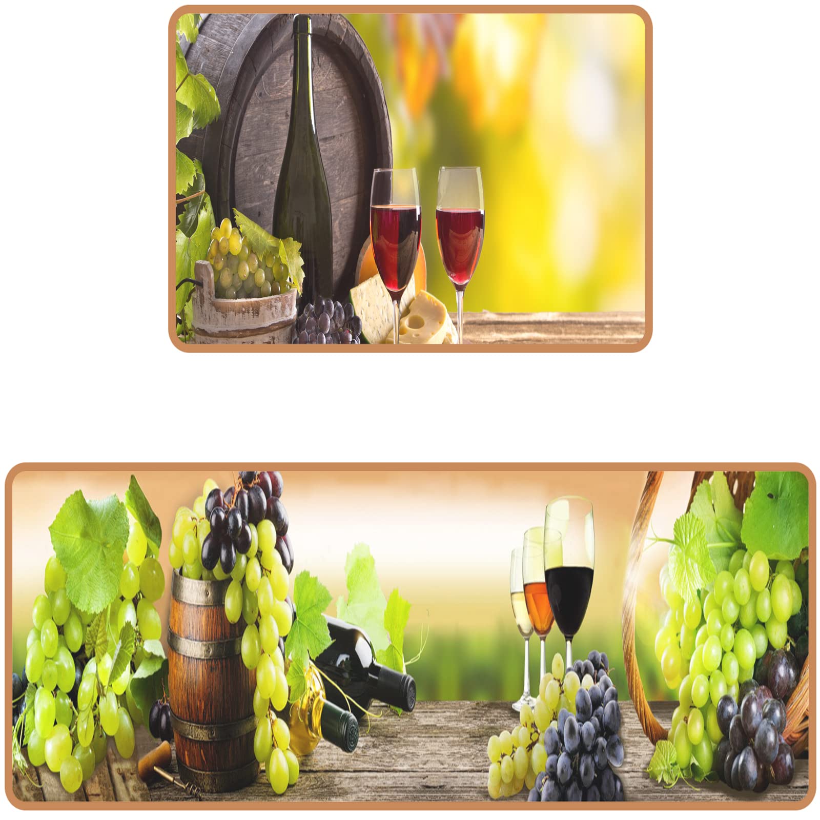 Kitchen Rug Set , Grape Fruit Wine Glass 2 Piece Non-Slip Kitchen Floor Mat Rubber Back Rustic Wooden Board, Water Absorption Soft Indoor Bathroom Doormat Runner Rug Carpet Set (17.7"x28"+17.7"x47")