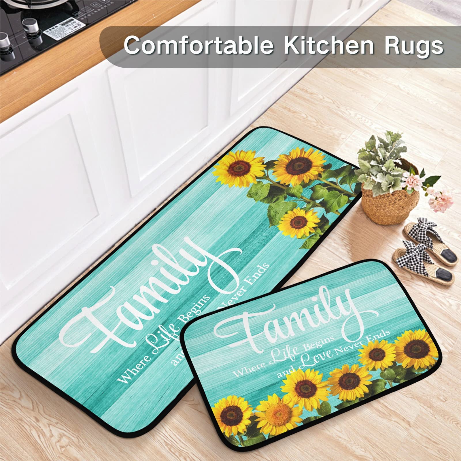 Sinestour Teal Turquoise Green Kitchen Rugs and Mats Set of 2 Non Slip Kitchen Floor Mats Comfort Standing Desk Mat for Doormat Bathroom Bedroom Runner Area Rug for Home Decor Washable