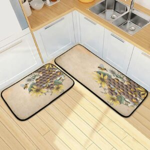 alaza honey bee flower vintage 2 piece kitchen rug floor mat set runner rugs non-slip for kitchen laundry office 20" x 28" + 20" x 48"