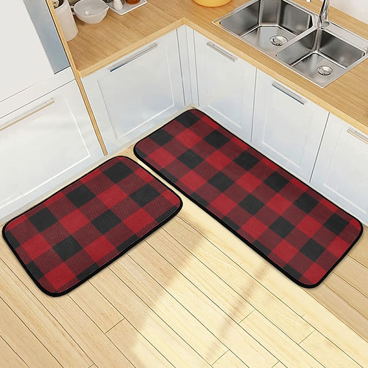 Christmas Kitchen Rugs and Mats,Christmas Kitchen Mat for Kitchen Bathroom Merry Christmas Red Black Buffalo Plaid