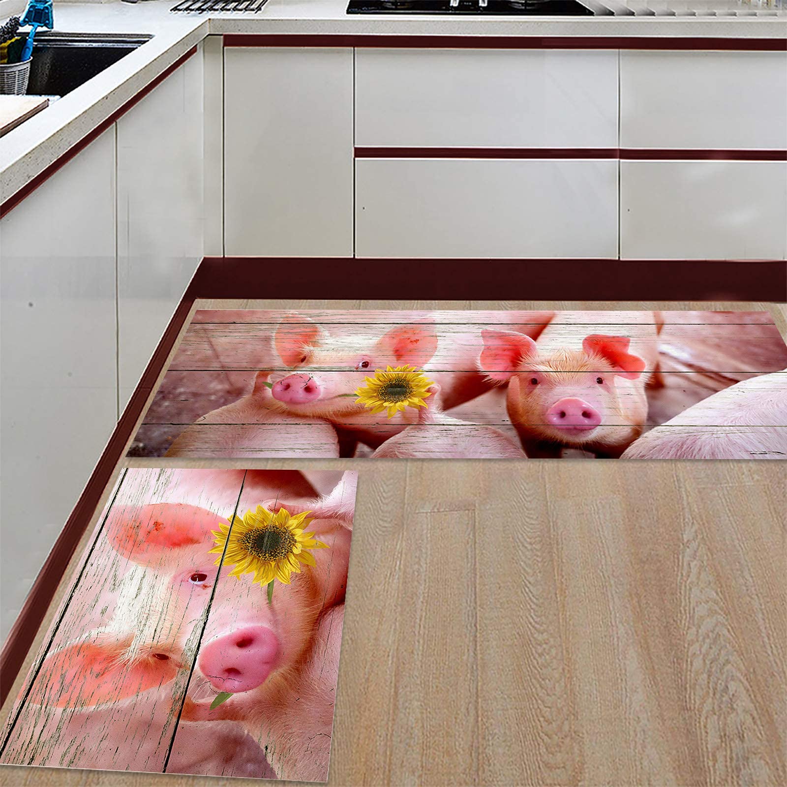 Midetoy Kitchen Rugs and Mats Set Pig Sunflower Farm Anti Fatigue Kitchen Rug Non Slip Floor Rugs Indoor Outdoor 17.7"x59"+17.7"X29"