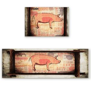 midetoy 2 piece kitchen rug set non slip cushioned floor mat vintage pig kitchen rugs washable doormat 17.7"x59"+17.7"x29"