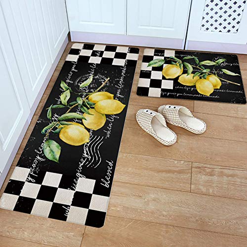 Kitchen Rug Set 2 Piece PVC Leather Floor Mat Summer Time Lemons in A Black and White Grid Waterproof Non-Slip Kitchen Mats and Rugs Standing Desk Mat Set- 18''x30''+18''x47''