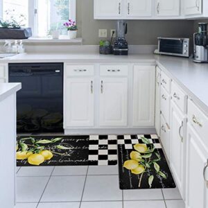 Kitchen Rug Set 2 Piece PVC Leather Floor Mat Summer Time Lemons in A Black and White Grid Waterproof Non-Slip Kitchen Mats and Rugs Standing Desk Mat Set- 18''x30''+18''x47''