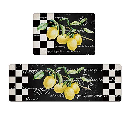 Kitchen Rug Set 2 Piece PVC Leather Floor Mat Summer Time Lemons in A Black and White Grid Waterproof Non-Slip Kitchen Mats and Rugs Standing Desk Mat Set- 18''x30''+18''x47''