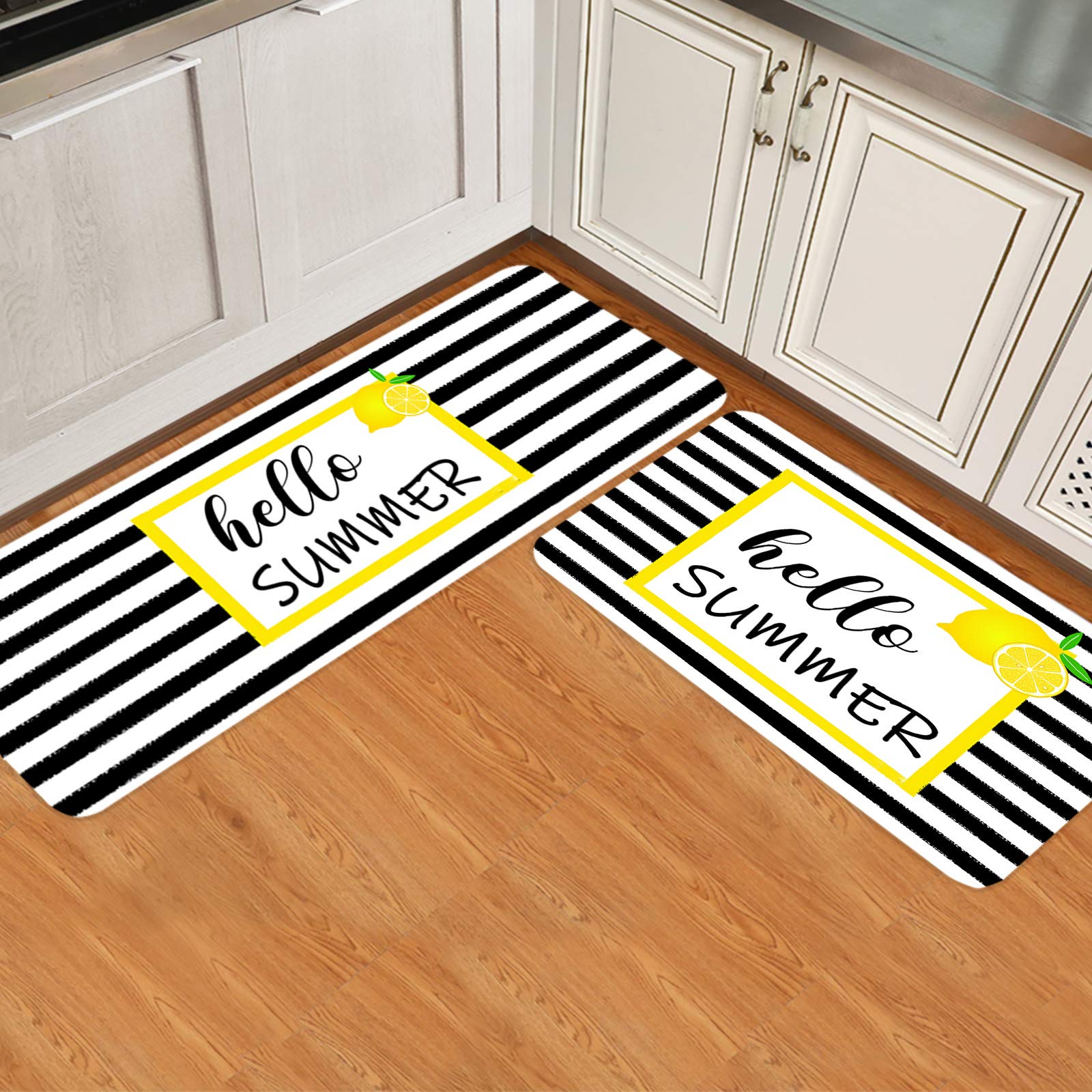 Kitchen Rugs and Mats Set of 358 Area Runner Summer Lemon Black White Stripe Floor Bath Rugs Comfort Soft Standing Doormat Non Slip Carpet Fruit