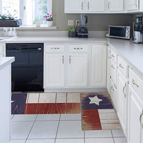 Anti Fatigue Kitchen Mat Set of 2 Non Slip Waterproof Thick Cushioned Kitchen Rug Sets with Runner Heavy Duty Comfort Standing Mats Kitchen Carpet Western Texas Star on Wooden Plank 18x30x18x59 Inch