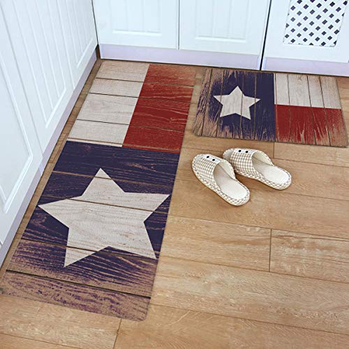 Anti Fatigue Kitchen Mat Set of 2 Non Slip Waterproof Thick Cushioned Kitchen Rug Sets with Runner Heavy Duty Comfort Standing Mats Kitchen Carpet Western Texas Star on Wooden Plank 18x30x18x59 Inch