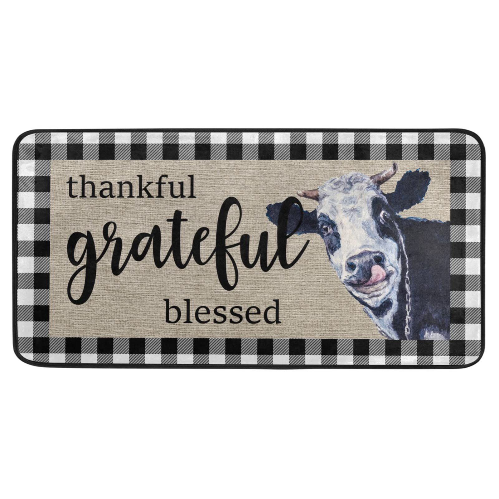 White Buffalo Plaid Kitchen Rugs Non Slip Kitchen Floor Mats Cushioned Farmhose Cow Kitchen Mats and Rugs Washable Anti Fatigue Mats for Laundry Sink Standing Home Office Decor - 39x20 IN Grateful