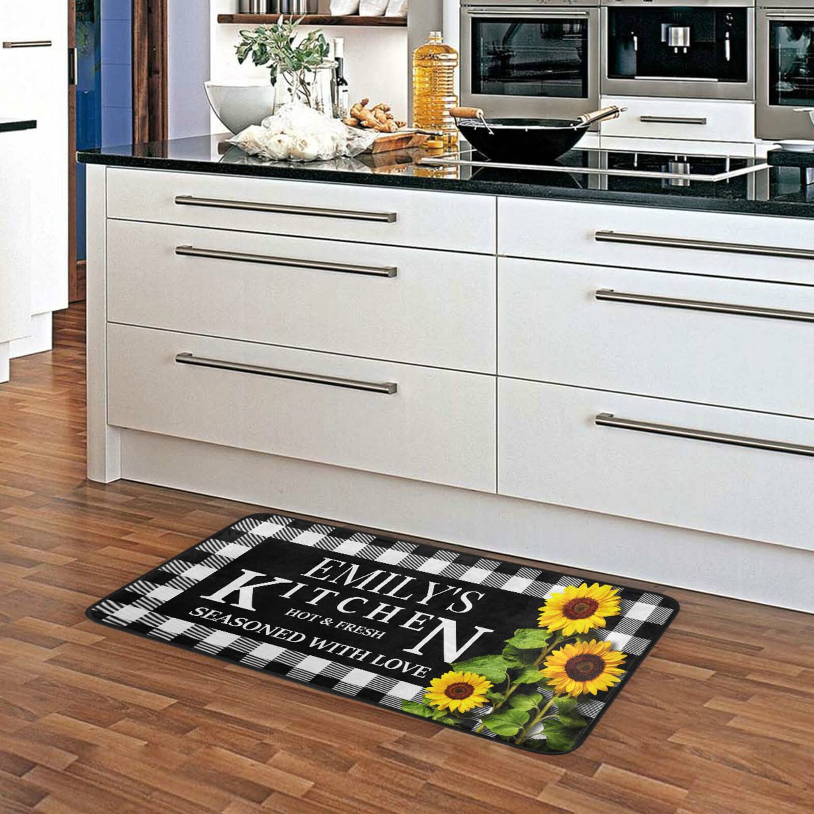 White Buffalo Plaid Custom Kitchen Rugs Non Slip Sunflower Kitchen Floor Mats Cushioned Personalized Kitchen Mats and Rugs Washable Anti Fatigue Mats for Sink Laundry Standing Home Decor - 39x20 in