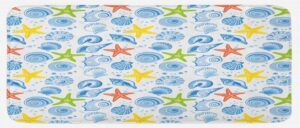 ambesonne sea shells kitchen mat, starfishes aqua marine inspirations aquarium oyster nautical wildlife underwater, plush decorative kitchen mat with non slip backing, 47" x 19", multicolor