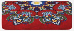 ambesonne red mandala kitchen mat, russian and ukranian lace like flowers leaves swirls vintage artwork, plush decorative kitchen mat with non slip backing, 47" x 19", red