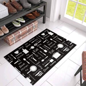 kitchen theme cooking baking utensil black and whitebathroom shower mat doormat non slip,floor rug absorbent carpets floor mat home decor for kitchen bedroom rug, 16"x 24"