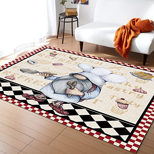 Area Rug for Bedroom Living Room Decor,Gnome Chef Kitchen Cook with Dessert Ultra Soft Non-Slip Accent Rugs Indoor Floor Carpet Buffalo Plaids and Linen Flax Non-Shedding Nursery Floor Mat,36x60in