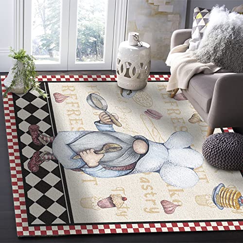 Area Rug for Bedroom Living Room Decor,Gnome Chef Kitchen Cook with Dessert Ultra Soft Non-Slip Accent Rugs Indoor Floor Carpet Buffalo Plaids and Linen Flax Non-Shedding Nursery Floor Mat,36x60in