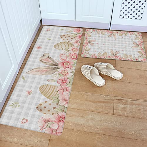 Hokiten Bunny Ears Easter Kitchen Rug Set, Grey Plaid Pink Spring Floral Easter Eggs 2 Piece Anti Fatigue Comfort Mats PVC Leather Standing Cushioned Waterproof Oil Proof, (18" x 30" + 18" x 47")