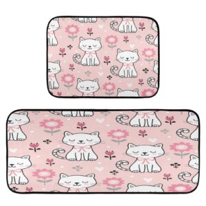 pink cat flower kitchen rug mats 2pcs non slip 47" x 20" + 28" x 20" kitchen carpet floor mat hallway rugs anti fatigue doormat