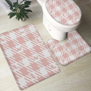 royaours 3-piece bath rug and mat sets, pink white buffalo plaid stripe easter rabbit non-slip bathroom doormat floor rugs, farm toilet seat cover, u-shaped carpet entrance door mat