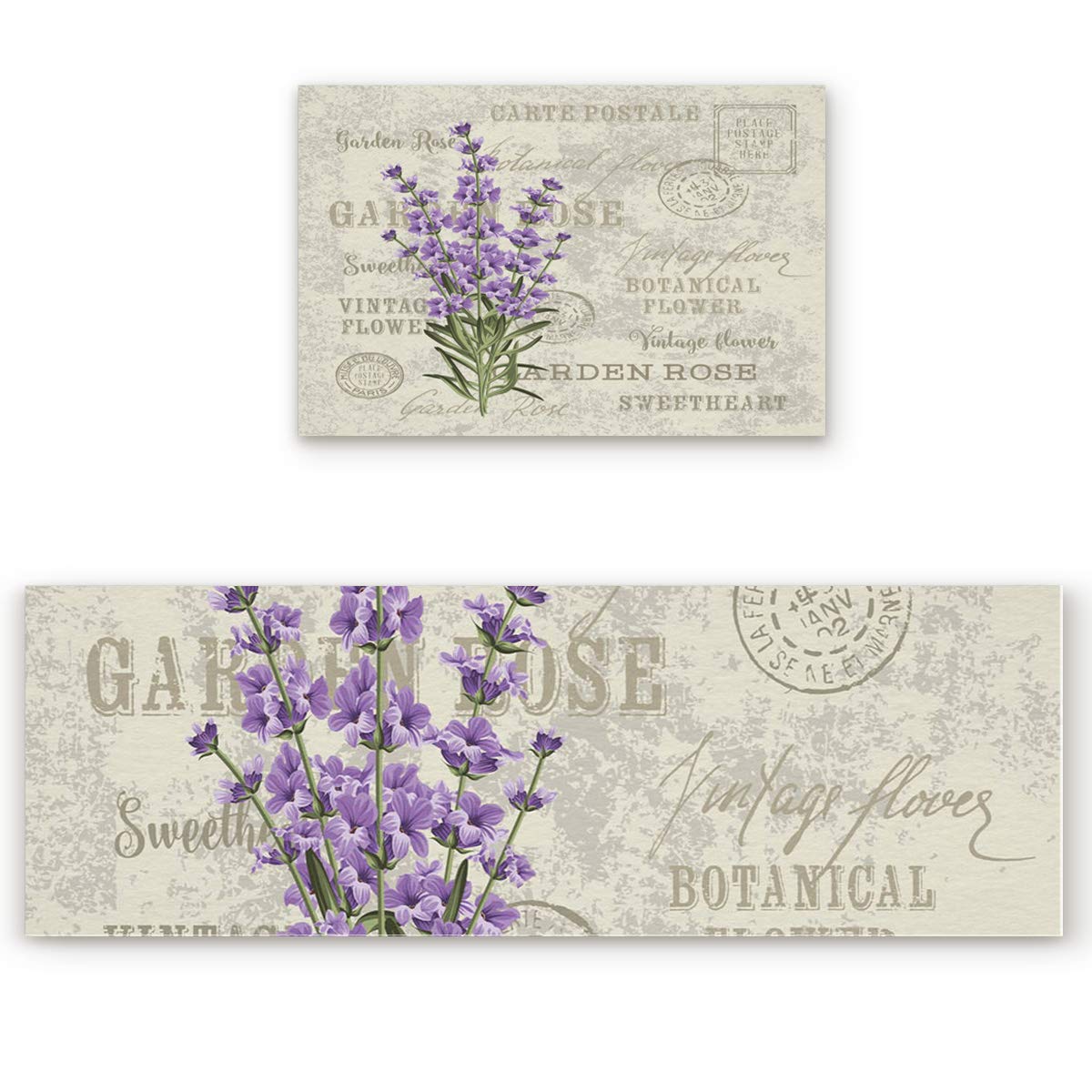 Purple Lavender Flowers Kitchen Mats for Floor Cushioned Anti Fatigue 2 Piece Set Kitchen Runner Rugs Non Skid Washable Vintage Postcard Rustic Wood