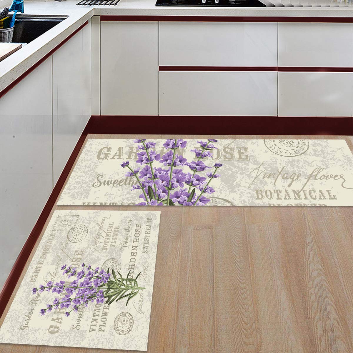 Purple Lavender Flowers Kitchen Mats for Floor Cushioned Anti Fatigue 2 Piece Set Kitchen Runner Rugs Non Skid Washable Vintage Postcard Rustic Wood