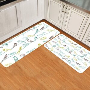 loopop birdies on wire kitchen mats for floor cushioned anti fatigue 2 piece set kitchen runner rugs non skid washable animal bird print design 19.7x31.5+19.7x47.2