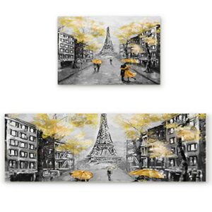 cloud dream home kitchen rug set eiffel tower street 2 piece non-slip kitchen floor mat rubber back gray yellow soft indoor bathroom doormat runner rug carpet set (19.7"x31.5"+19.7"x47.2")