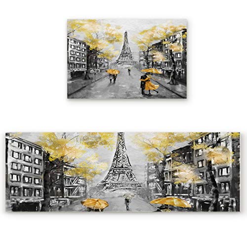 Cloud Dream Home Kitchen Rug Set Eiffel Tower Street 2 Piece Non-Slip Kitchen Floor Mat Rubber Back Gray Yellow Soft Indoor Bathroom Doormat Runner Rug Carpet Set (19.7"x31.5"+19.7"x47.2")