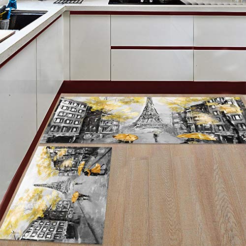 Cloud Dream Home Kitchen Rug Set Eiffel Tower Street 2 Piece Non-Slip Kitchen Floor Mat Rubber Back Gray Yellow Soft Indoor Bathroom Doormat Runner Rug Carpet Set (19.7"x31.5"+19.7"x47.2")