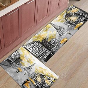 Cloud Dream Home Kitchen Rug Set Eiffel Tower Street 2 Piece Non-Slip Kitchen Floor Mat Rubber Back Gray Yellow Soft Indoor Bathroom Doormat Runner Rug Carpet Set (19.7"x31.5"+19.7"x47.2")