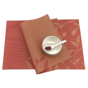 Gugrida Place Mats PVC Set of 6, Table Placemats Set of 6 PVC Woven Vinyl Place Mats Table Mats Natural Color (6 pcs, Oriange Leaves)