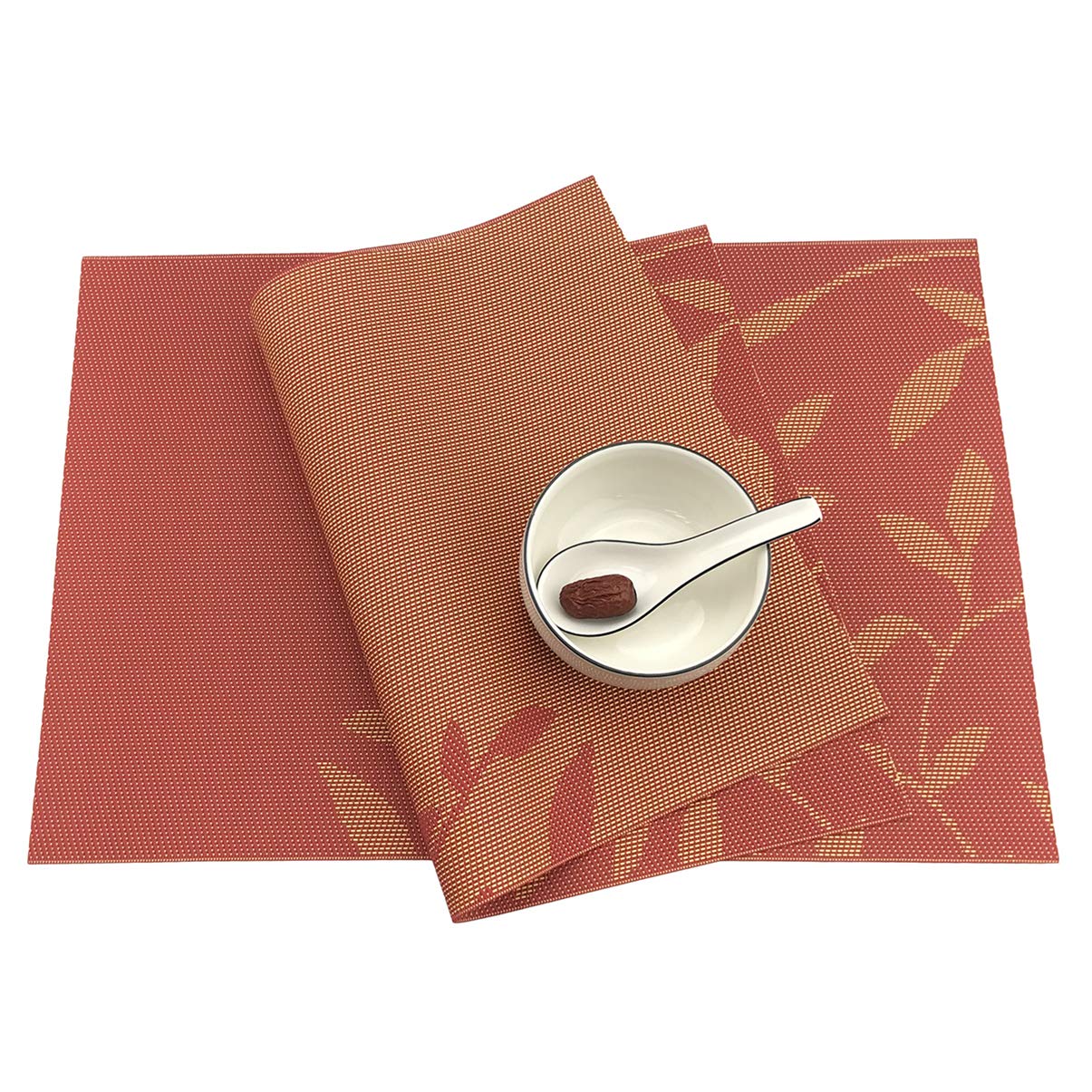 Gugrida Place Mats PVC Set of 6, Table Placemats Set of 6 PVC Woven Vinyl Place Mats Table Mats Natural Color (6 pcs, Oriange Leaves)