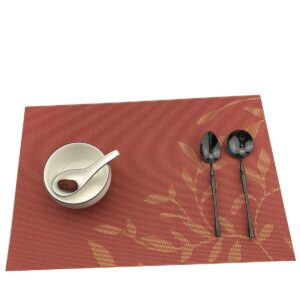 Gugrida Place Mats PVC Set of 6, Table Placemats Set of 6 PVC Woven Vinyl Place Mats Table Mats Natural Color (6 pcs, Oriange Leaves)