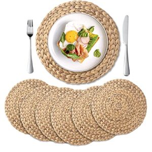 yangqihome 6 pack, round woven placemats, natural water hyacinth place mats, braided straw table mats for dining table (11.8 inch)