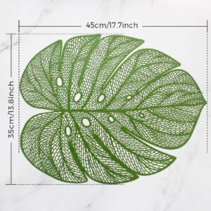 Evevda Green Leaf Shaped Vinyl Placemats for Dinner Table Set of 6 Metallic Plastic Green Place Mats Wipeable 6Pcs Table Mats for Wedding Annersary Dinner Table Decoration Mats(17.7x13.8inch/45x35cm)