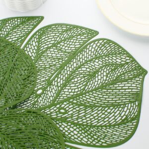 Evevda Green Leaf Shaped Vinyl Placemats for Dinner Table Set of 6 Metallic Plastic Green Place Mats Wipeable 6Pcs Table Mats for Wedding Annersary Dinner Table Decoration Mats(17.7x13.8inch/45x35cm)