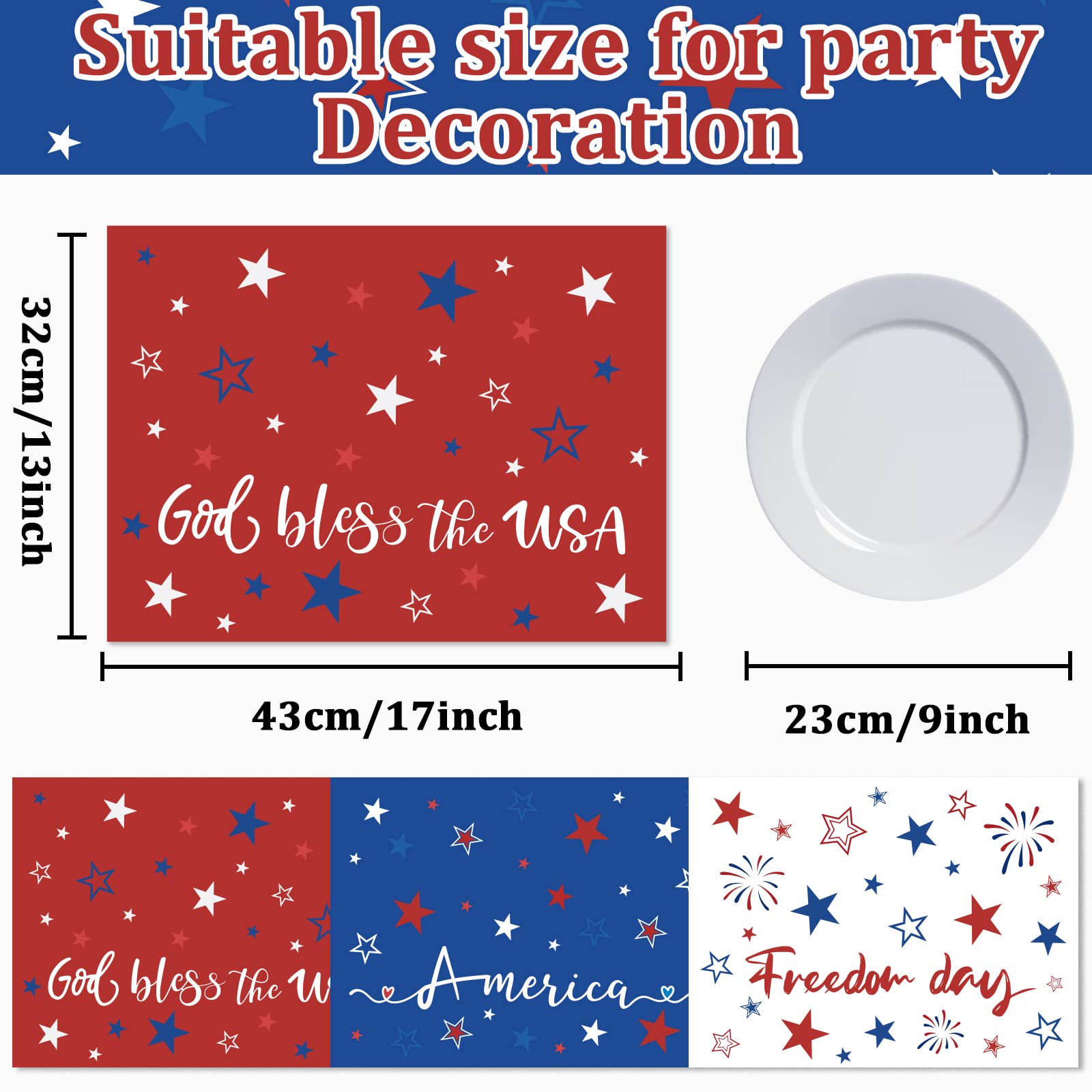 Veterans Day Placemat Set of 6 Patriotic Freedom Stars Place Mats 4th of July Memorial Day Plastic Table Mats Independence Day Place Mats Holiday Table Placemats for Indoor Outdoor Party Dining Table