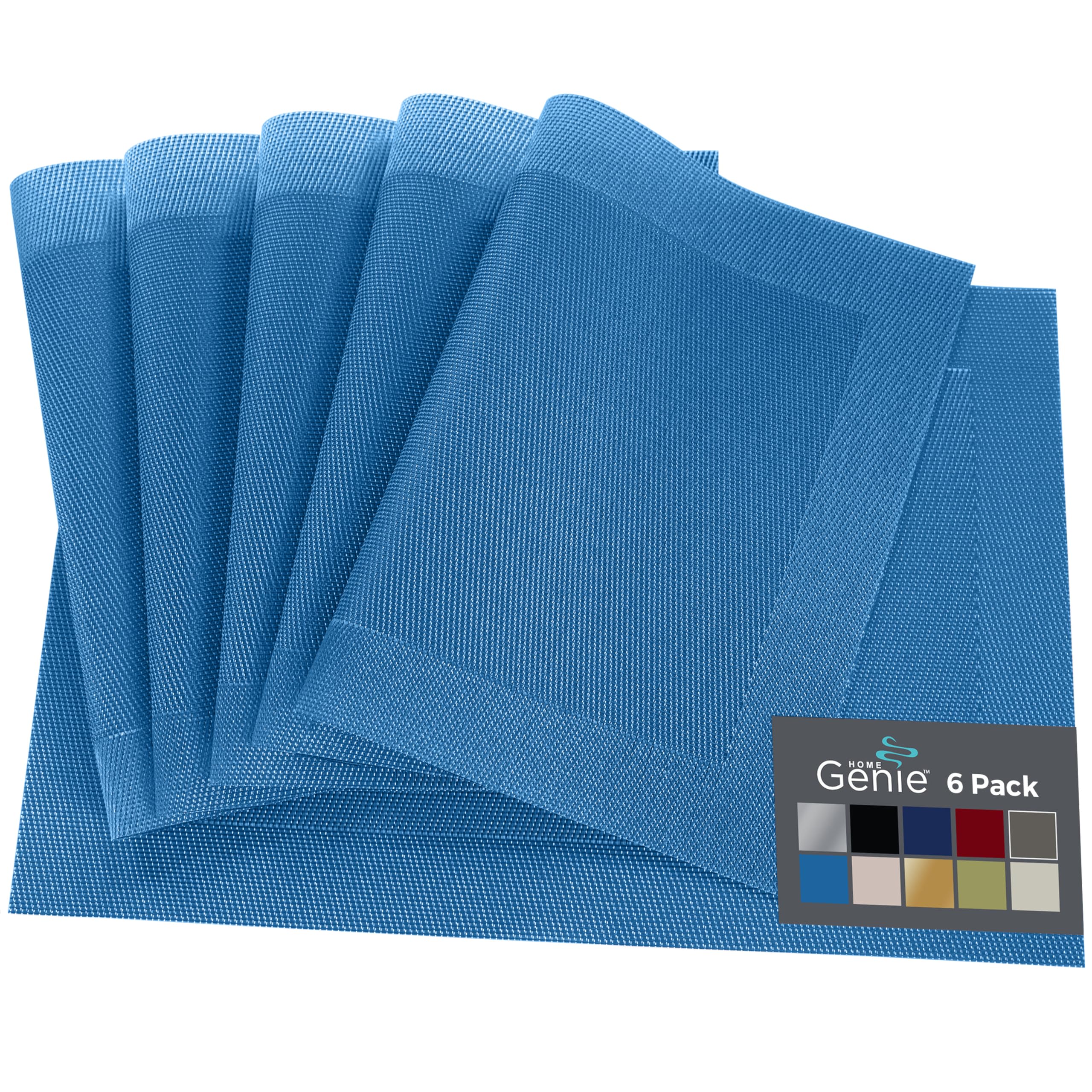 Home Genie Heat Resistant Placemats Set of 6, Dining Room Table Mats, Protect Surfaces, Woven Placemat Setting for Dinner, Washable Vinyl Food Grade Mat, Kitchen Decor Accessories, Size 18x12, Blue