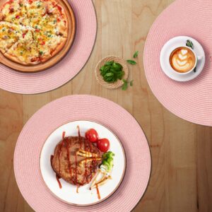 FunWheat Round Braided Placemats Set of 6 Place Mats for Dining Tables Woven Washable Non-Slip Table mats 15 inch for Easter Decoration(Pink, 6pcs)