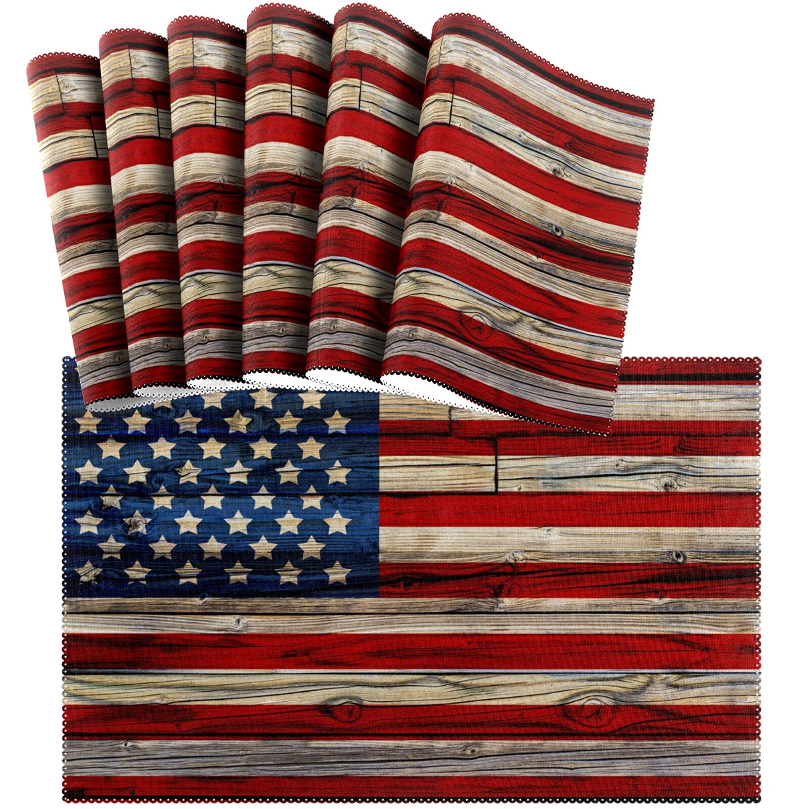 Naanle Wooden American Flag Placemats Set of 6, 4th of July Star and Stripe Non Slip Heat-Resistant Washable Table Place Mats for Kitchen Dining Table Home Decoration, 12" x 18"