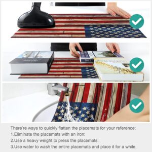 Naanle Wooden American Flag Placemats Set of 6, 4th of July Star and Stripe Non Slip Heat-Resistant Washable Table Place Mats for Kitchen Dining Table Home Decoration, 12" x 18"