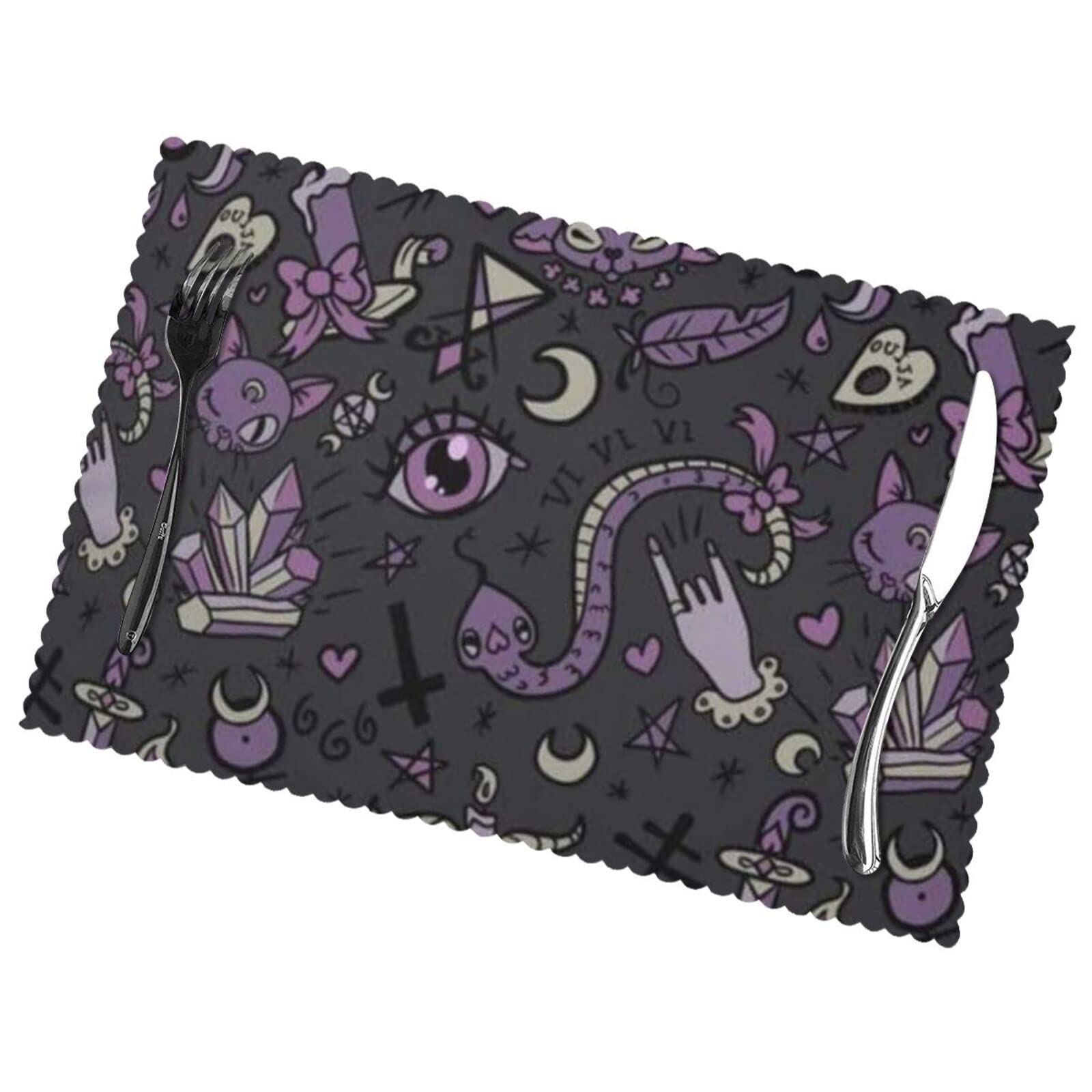 Purple Black Goth Spooky Placemats Set of 6, Rectangular Washable Placemats for Dining Table, Farmhouse Non-Slip Heat-Resistant Woven Table Mats Wipeable Thick Place Mats for Kitchen Party 12x18 Inch