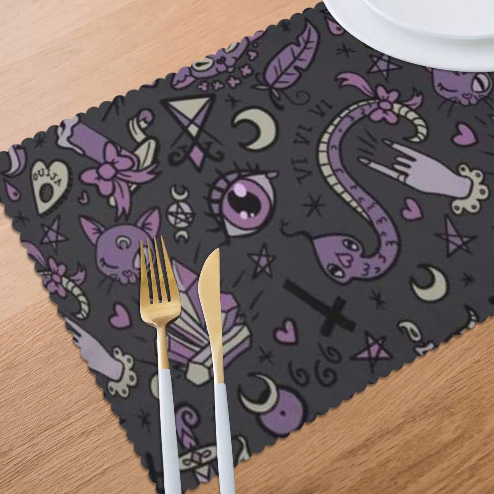 Purple Black Goth Spooky Placemats Set of 6, Rectangular Washable Placemats for Dining Table, Farmhouse Non-Slip Heat-Resistant Woven Table Mats Wipeable Thick Place Mats for Kitchen Party 12x18 Inch