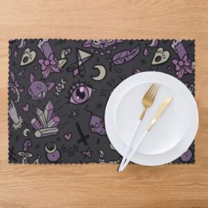 Purple Black Goth Spooky Placemats Set of 6, Rectangular Washable Placemats for Dining Table, Farmhouse Non-Slip Heat-Resistant Woven Table Mats Wipeable Thick Place Mats for Kitchen Party 12x18 Inch