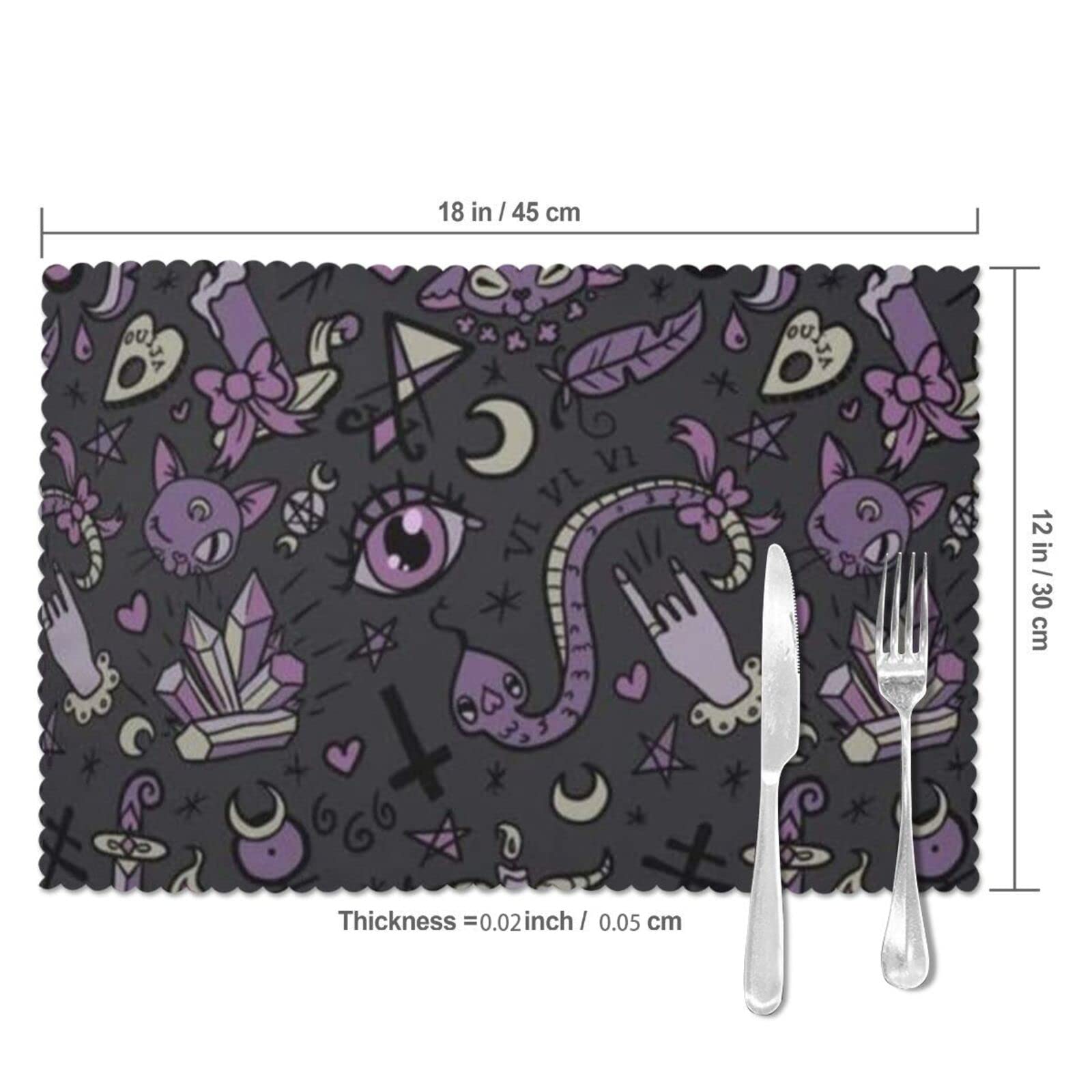 Purple Black Goth Spooky Placemats Set of 6, Rectangular Washable Placemats for Dining Table, Farmhouse Non-Slip Heat-Resistant Woven Table Mats Wipeable Thick Place Mats for Kitchen Party 12x18 Inch