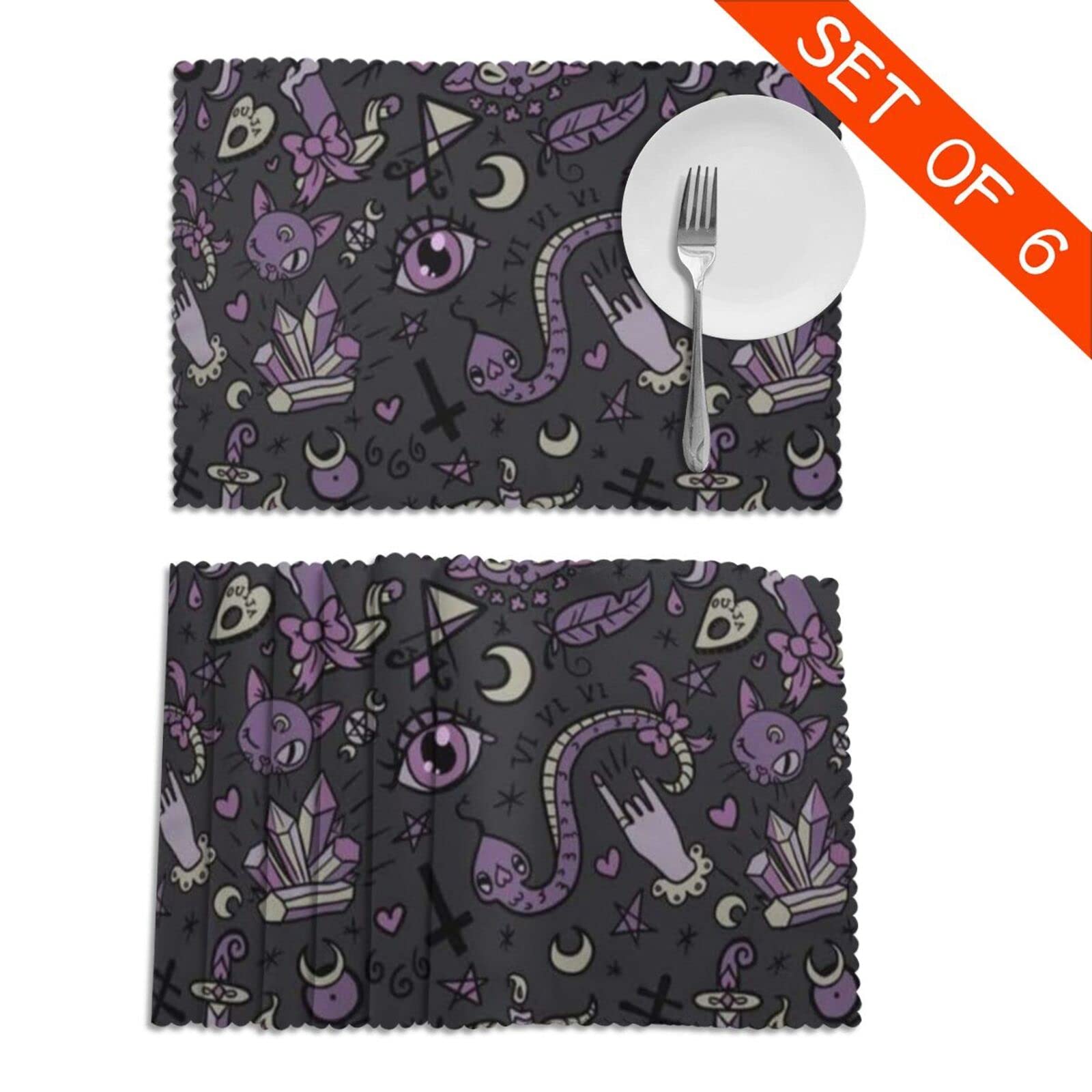 Purple Black Goth Spooky Placemats Set of 6, Rectangular Washable Placemats for Dining Table, Farmhouse Non-Slip Heat-Resistant Woven Table Mats Wipeable Thick Place Mats for Kitchen Party 12x18 Inch